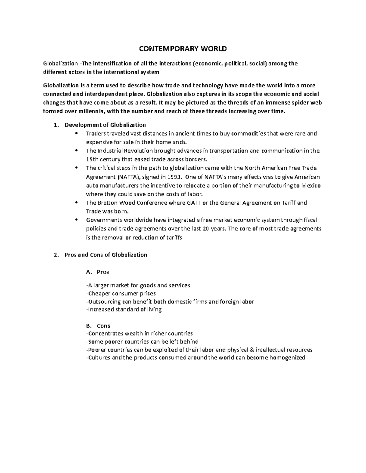 Contemporary World Hand out - CONTEMPORARY WORLD Globalization -The ...