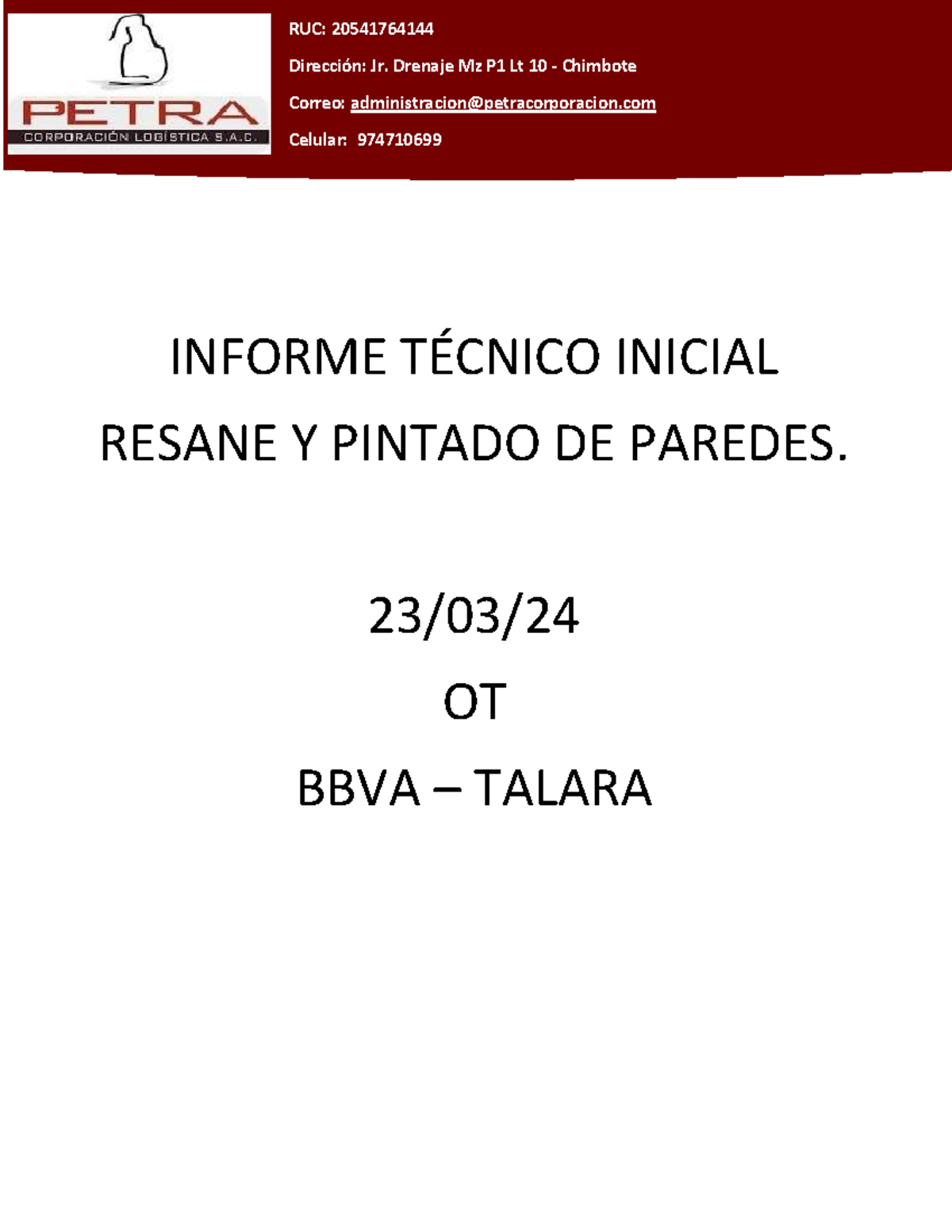 INI OT- Resane y pintado de paredes- Talara - INFORME TÉCNICO INICIAL ...