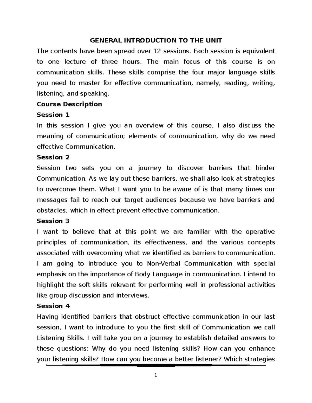 Course Outline - GENERAL INTRODUCTION TO THE UNIT The contents have ...