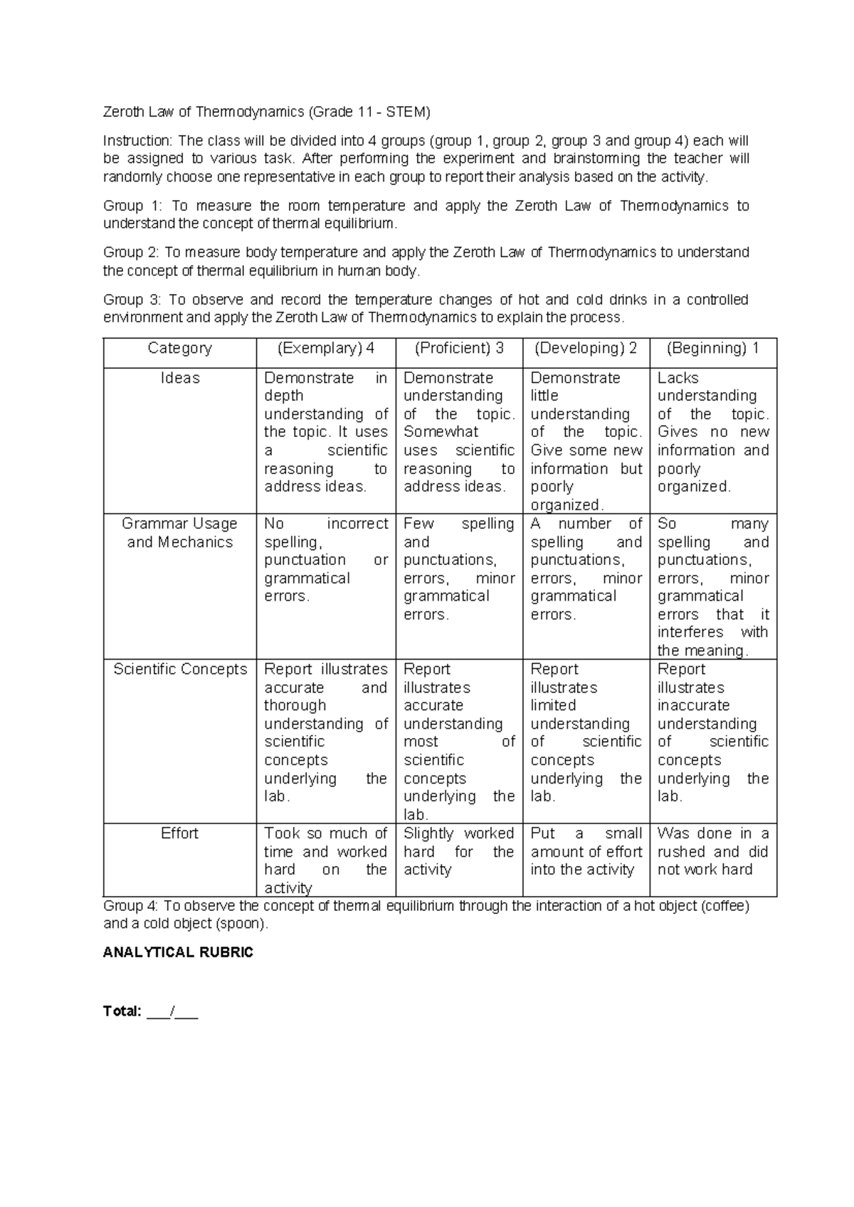 Rubrics - Analytic and holistic rubric - Zeroth Law of Thermodynamics ...