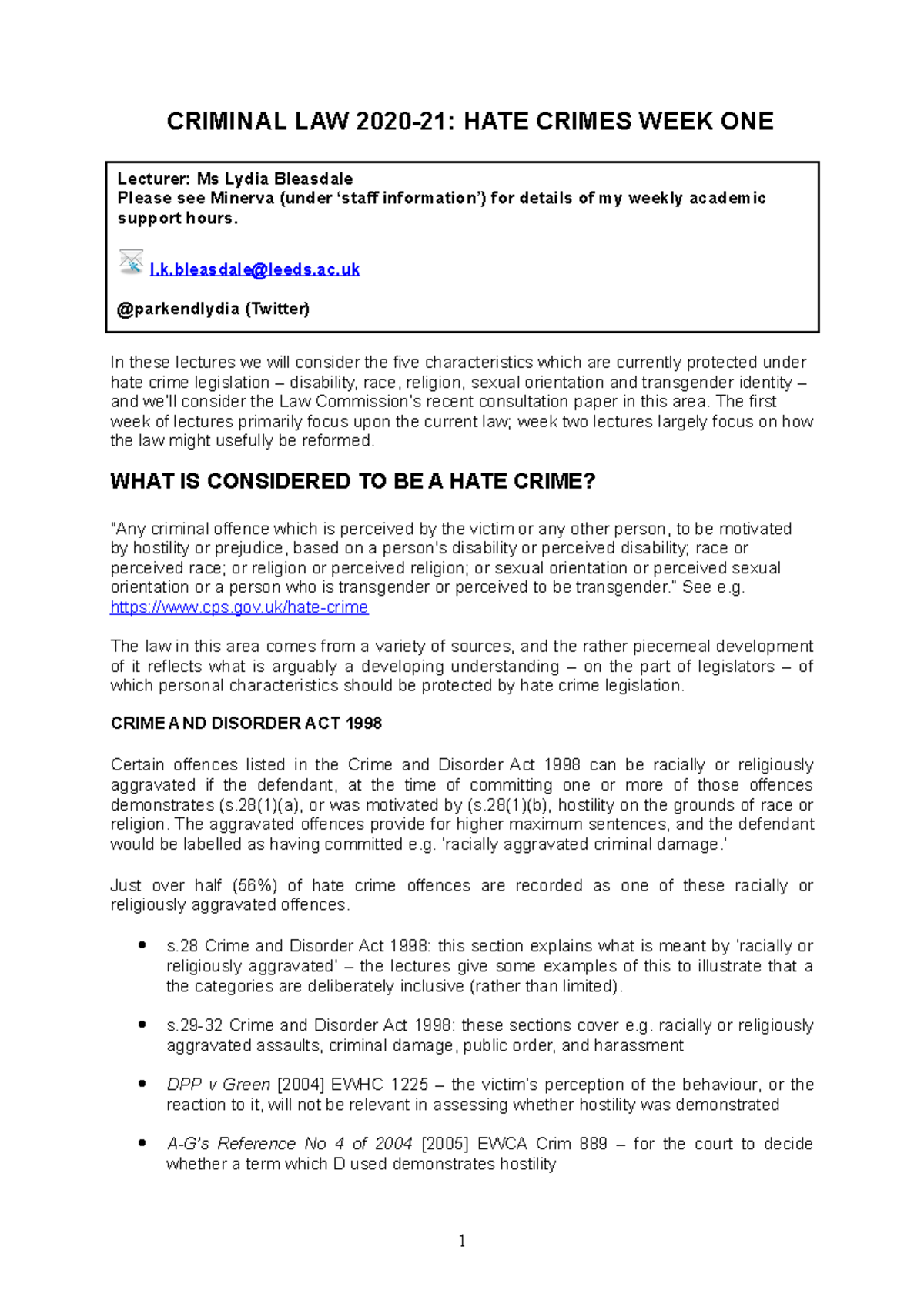 Hate crimes lecture handout - CRIMINAL LAW 2020-21: HATE CRIMES WEEK ...