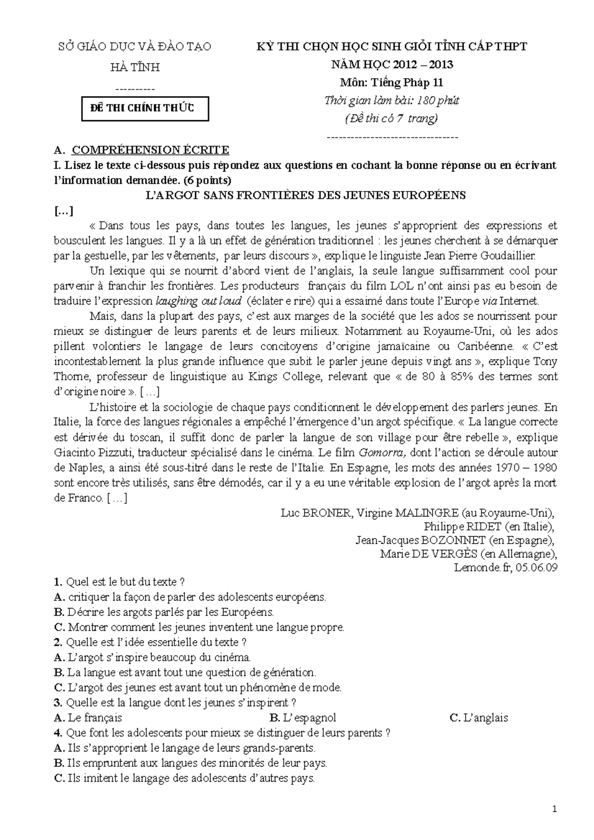 Dethi HSG L11 2013 Ha Tinh Tieng Phap - SỞ GIÁO DỤC VÀ ĐÀO TẠO HÀ TĨNH - KỲ THI CHỌN HỌC SINH ...