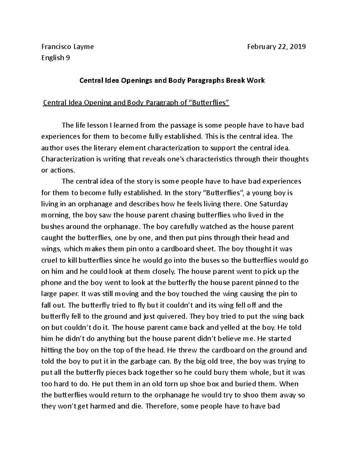 Central Idea and Body Paragraphs of Butterflies - Francisco Layme ...