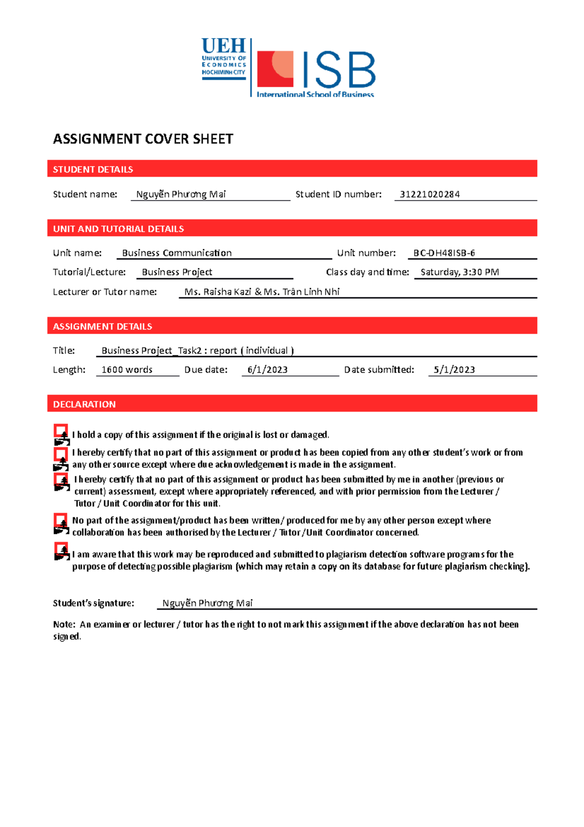 A3 31221020284 Nguyễn-Phương-Mai BC6 - ASSIGNMENT COVER SHEET STUDENT ...