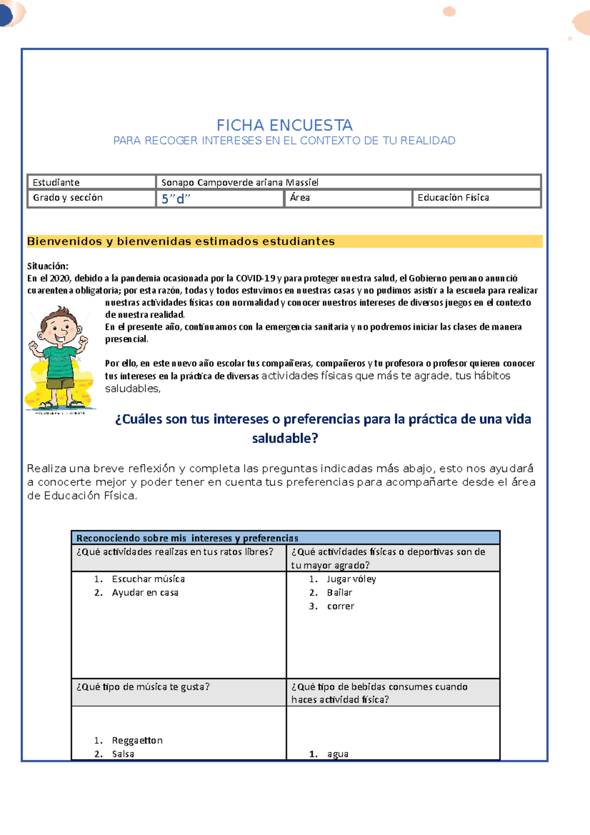Recojo de intereses de estudiantes (A.M - FICHA ENCUESTA PARA RECOGER ...