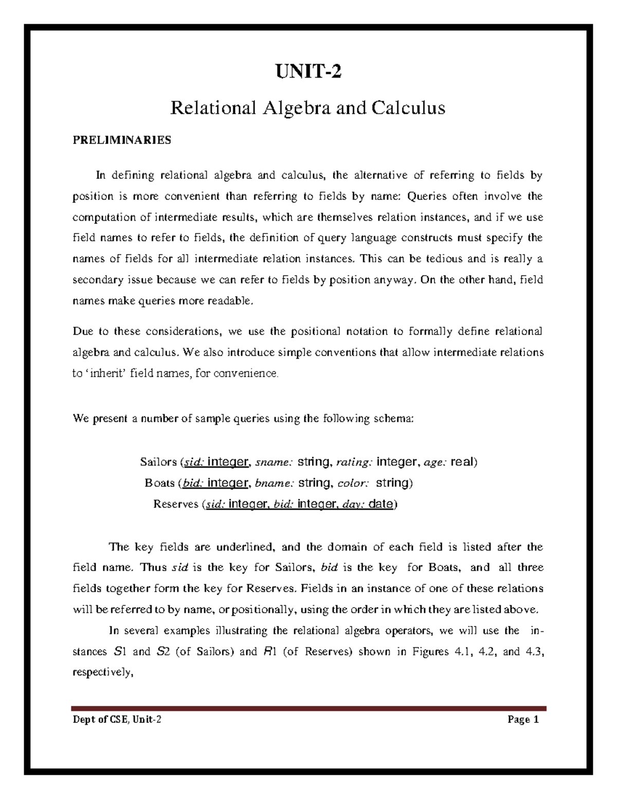Relational Algebra and Calculus - UNIT- Relational Algebra and Calculus ...