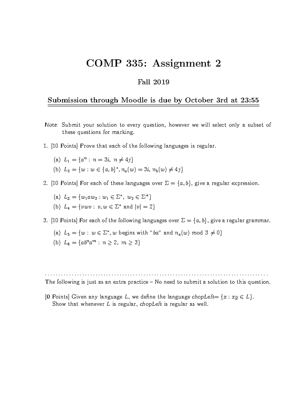 Asg2 - COMP 335 assignment 2 - COMP 335: Assignment 2 Fall 2019 Submission through Moodle is due ...