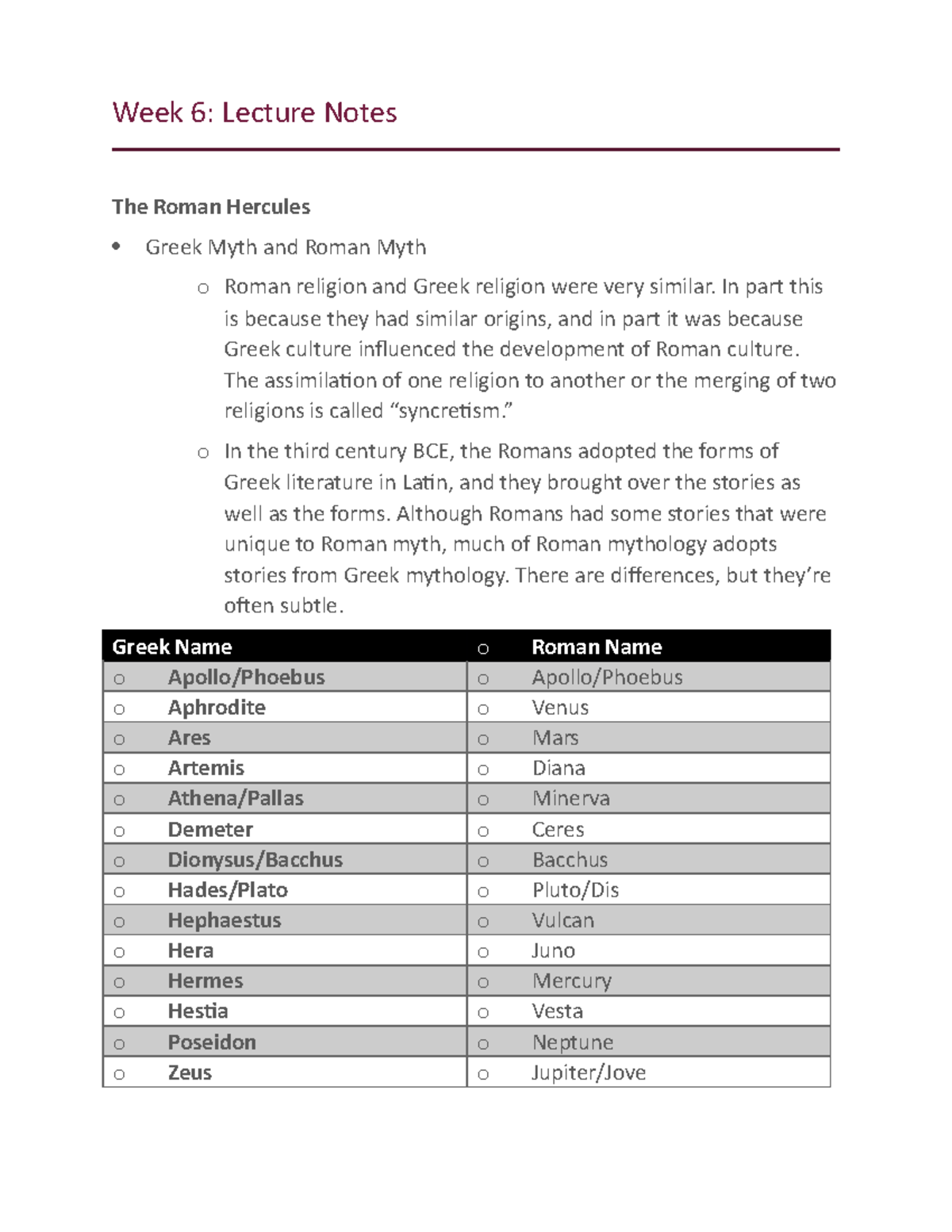 Week 6 Lecture Notes - Week 6: Lecture Notes The Roman Hercules Greek ...