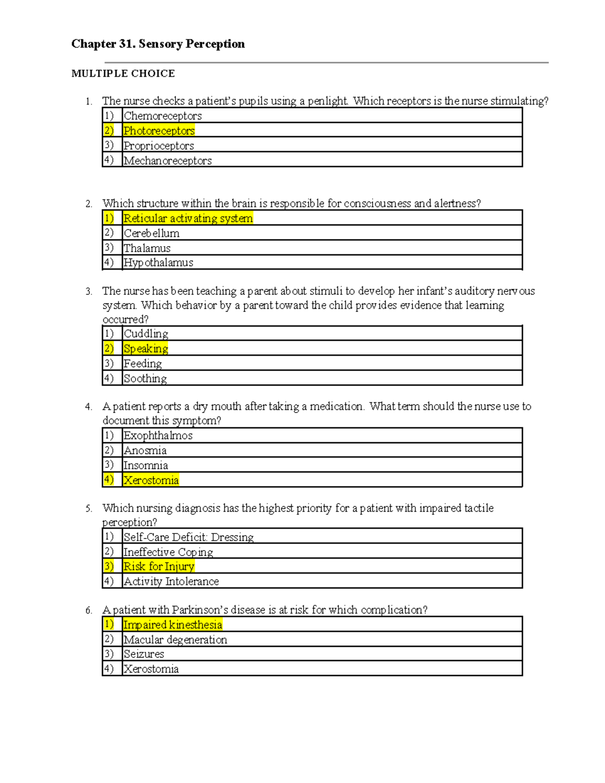 Chapter 31 fee than k - Chapter 31. Sensory Perception MULTIPLE CHOICE ...