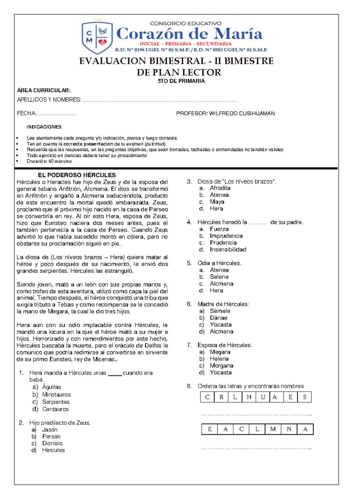 Evaluacion Bimestral PLAN Lector II - EVALUACION BIMESTRAL - II BIMESTRE DE PLAN LECTOR 5TO DE ...
