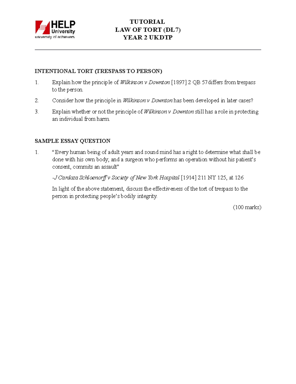 19A. Trespass to Person (Essay) - TUTORIAL LAW OF TORT (DL7) YEAR 2 UKDTP INTENTIONAL TORT ...
