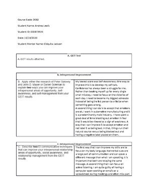 WGU - D082 - Emotional and Cultural Intelligence - CHM1 TASK 1 - CHM1 ...