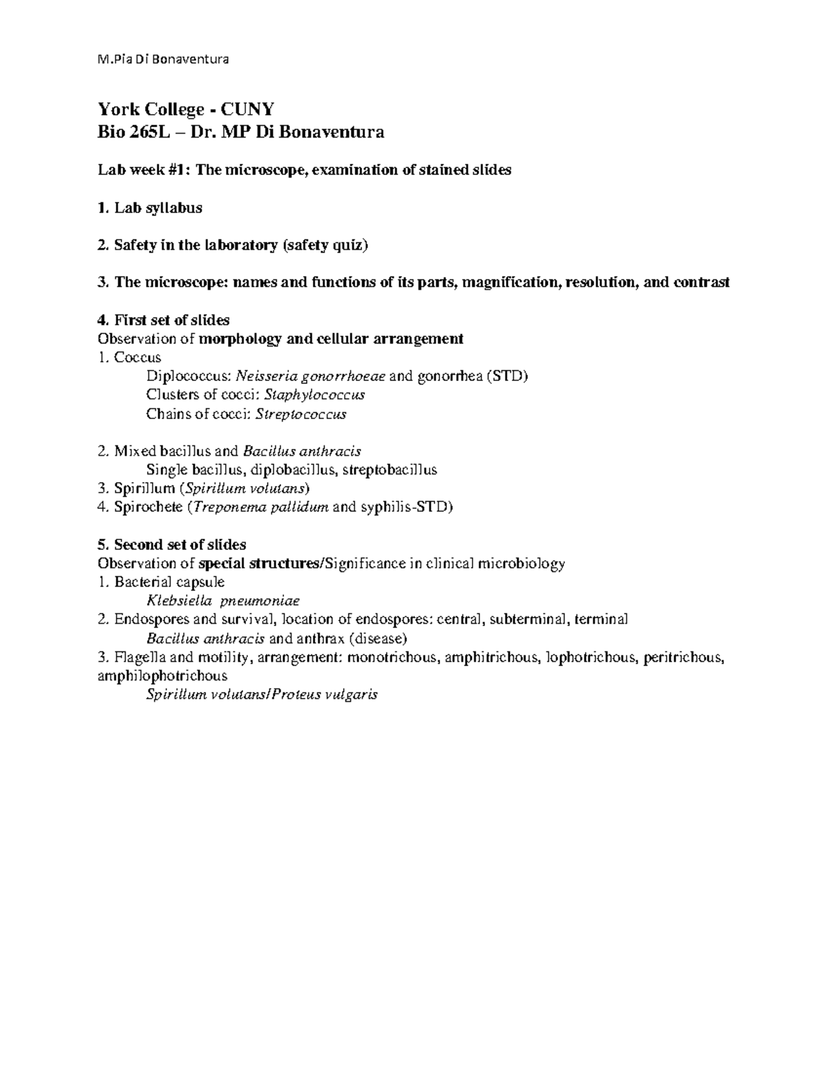 Bio 265 Lab W#1 Microscopy & Examinaton of slides - M Di Bonaventura ...
