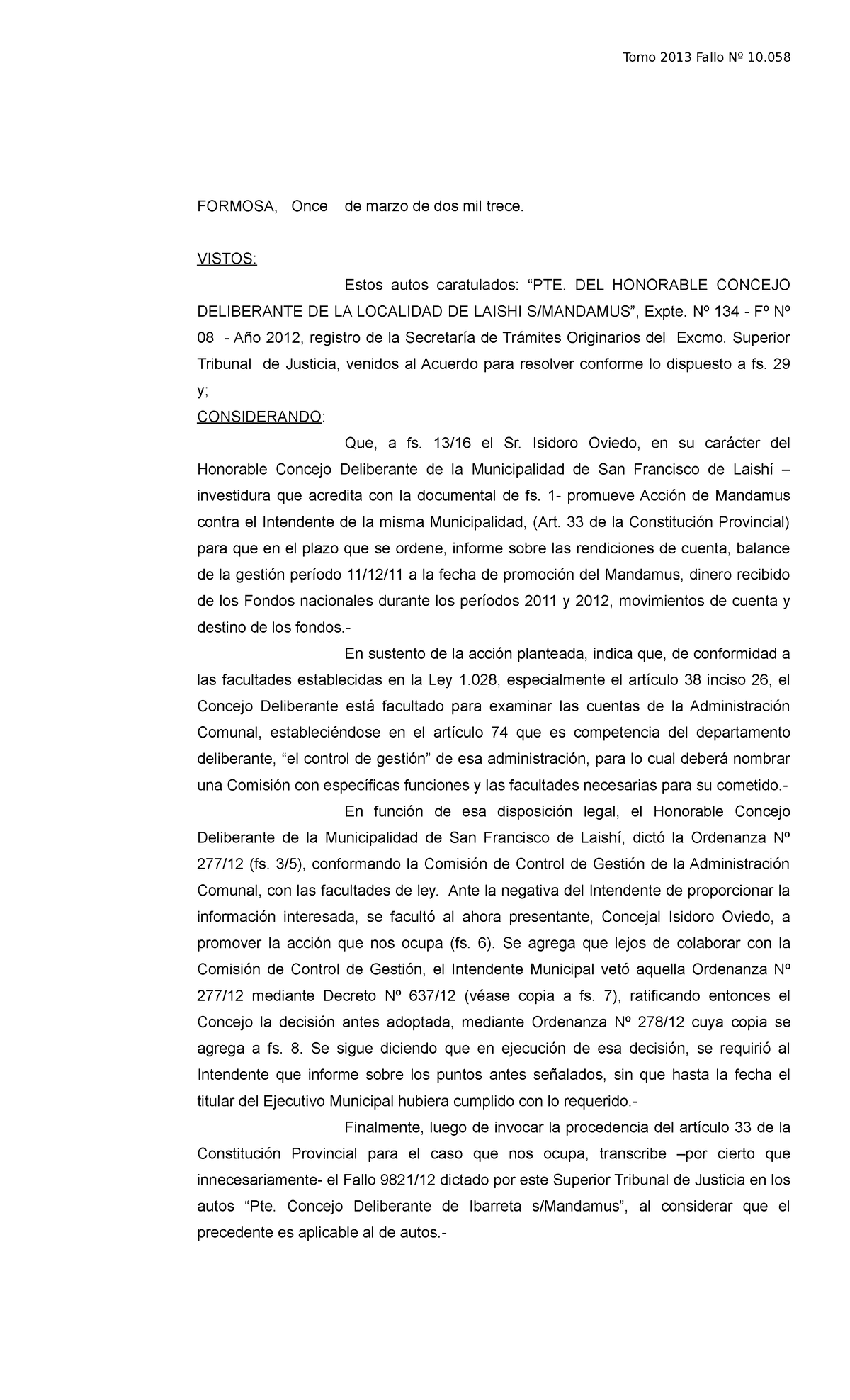 Pte honorable concejo deliberante formosa - FORMOSA, Once de marzo de ...