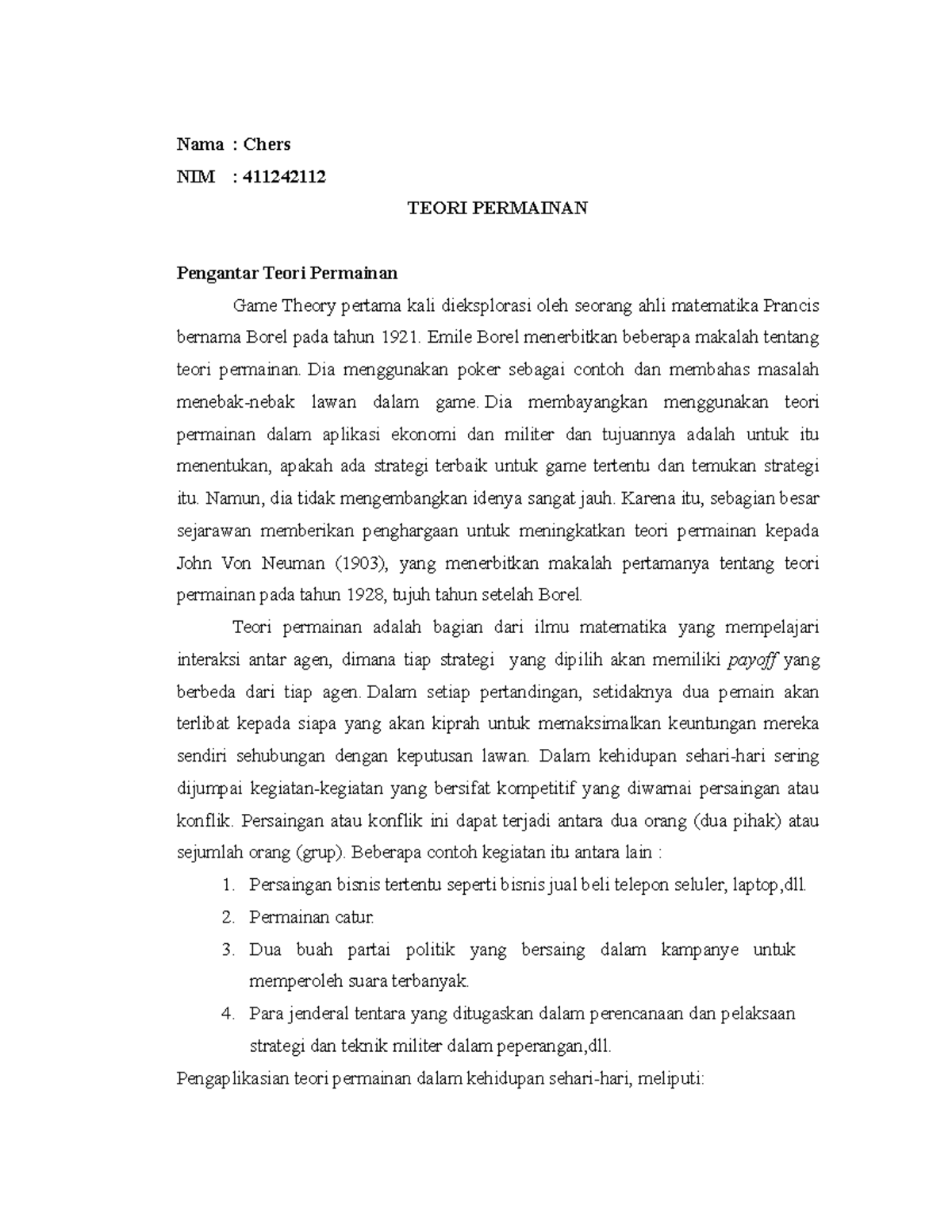 Teori Permainan Tugas 2 - Nama : Chers NIM : 411242112 TEORI PERMAINAN ...