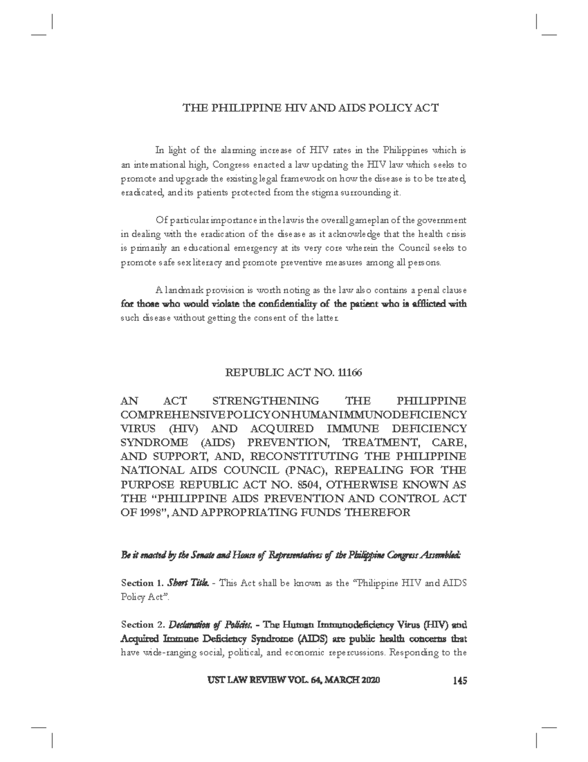 THE Philippine HIV AND AIDS Policy ACT RA 11166 - THE PHILIPPINE HIV ...