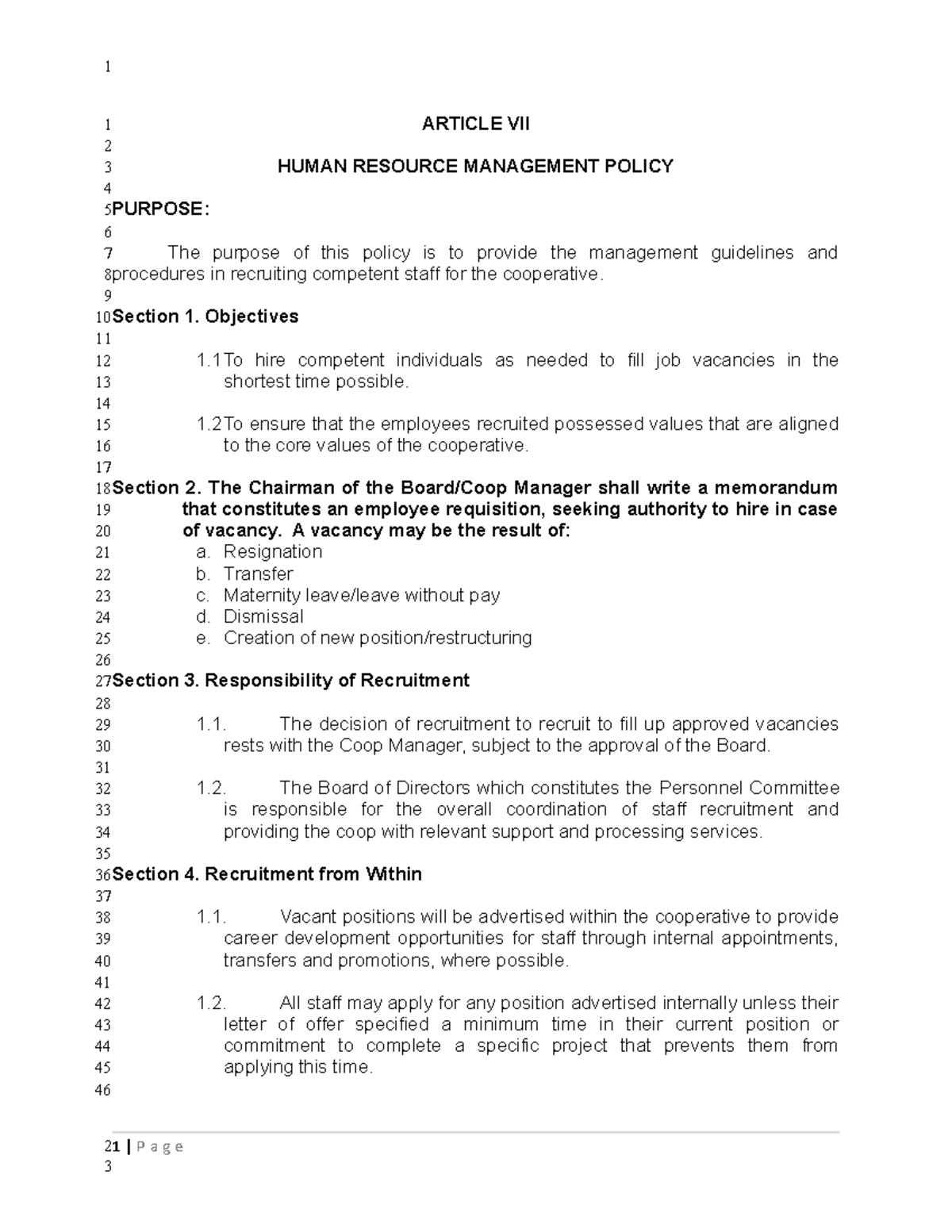 Article VII HRM Policy - HR Management practices are written in one ...