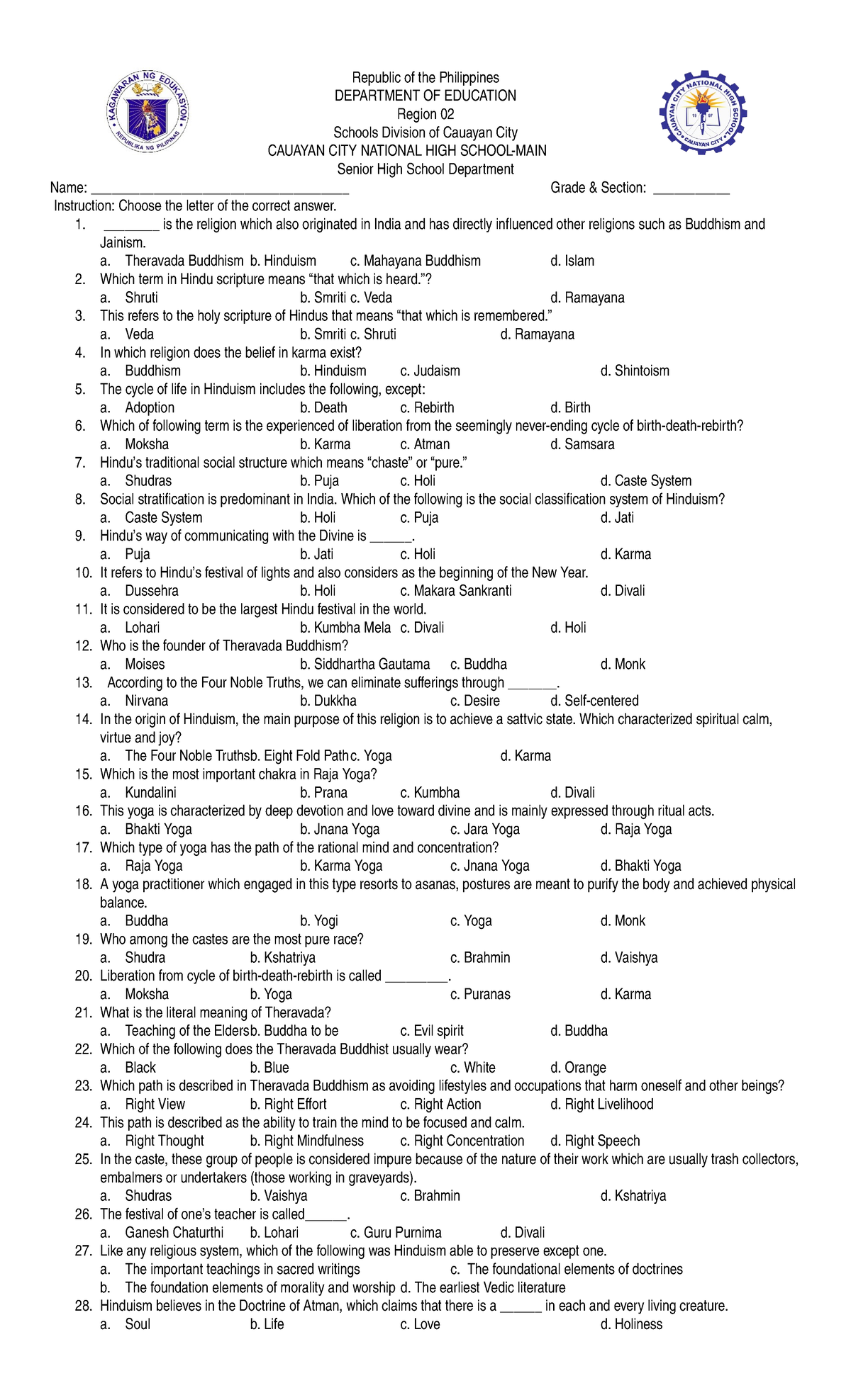 Periodical Exam first Quarter Pe 1 Department Of Education Region 4th