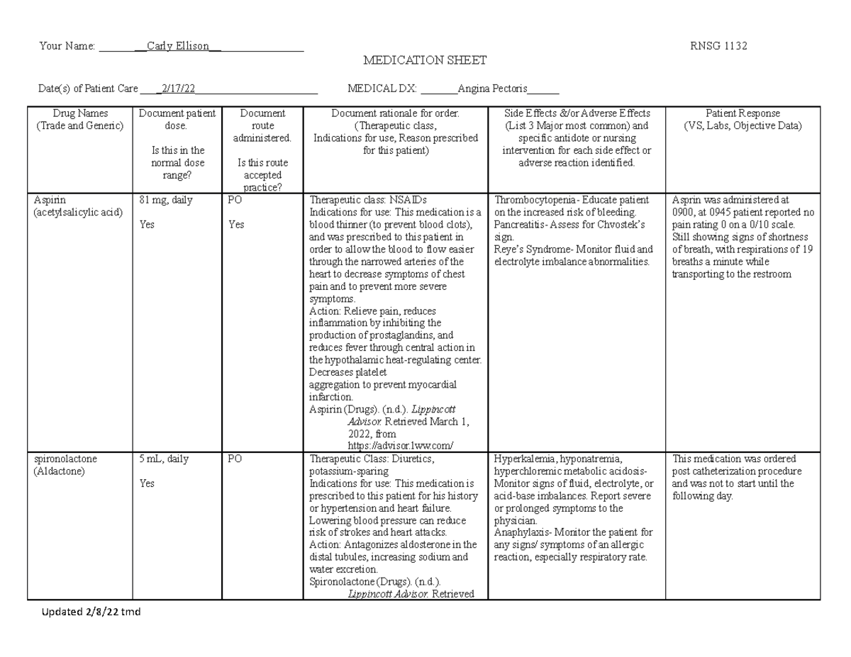 Medications- Final 1 - Your Name: Carly Ellison________ RNSG 1132 ...