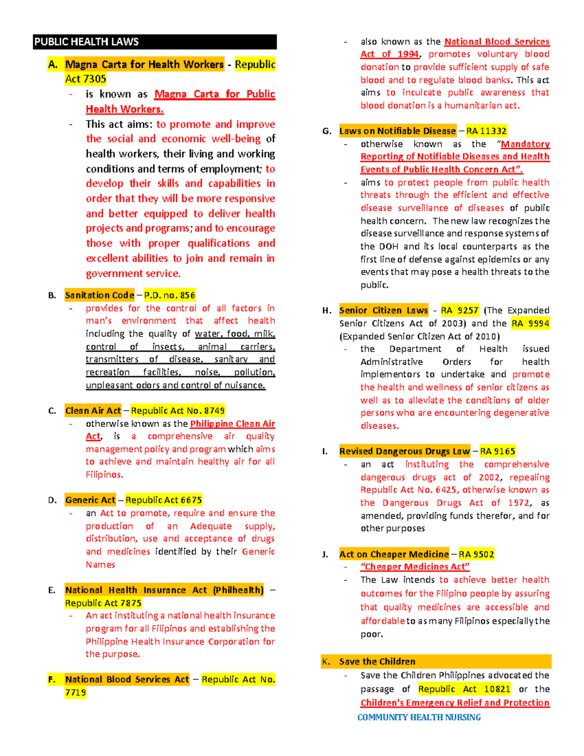 Public Health LAWS - PUBLIC HEALTH LAWS A. Magna Carta for Health ...