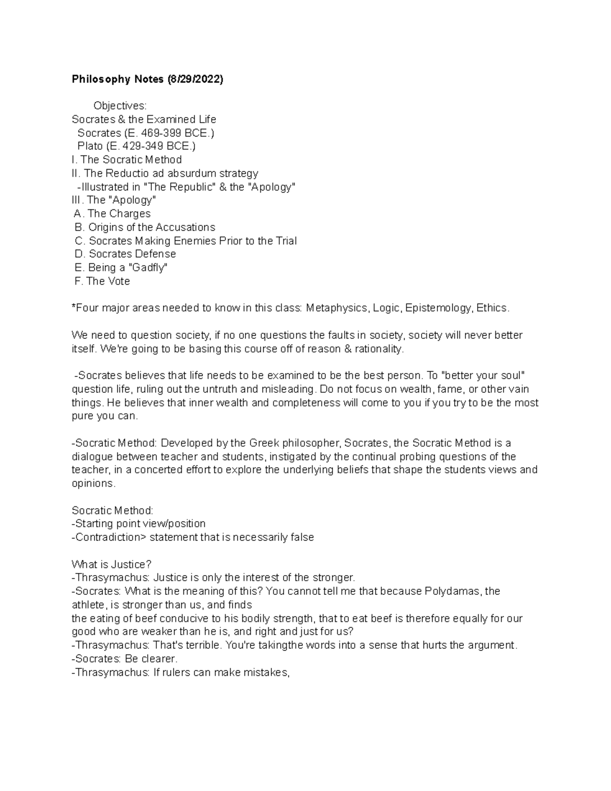 Philosophy Notes (8 29 2022) - Philosophy Notes (8/29/2022) Objectives ...