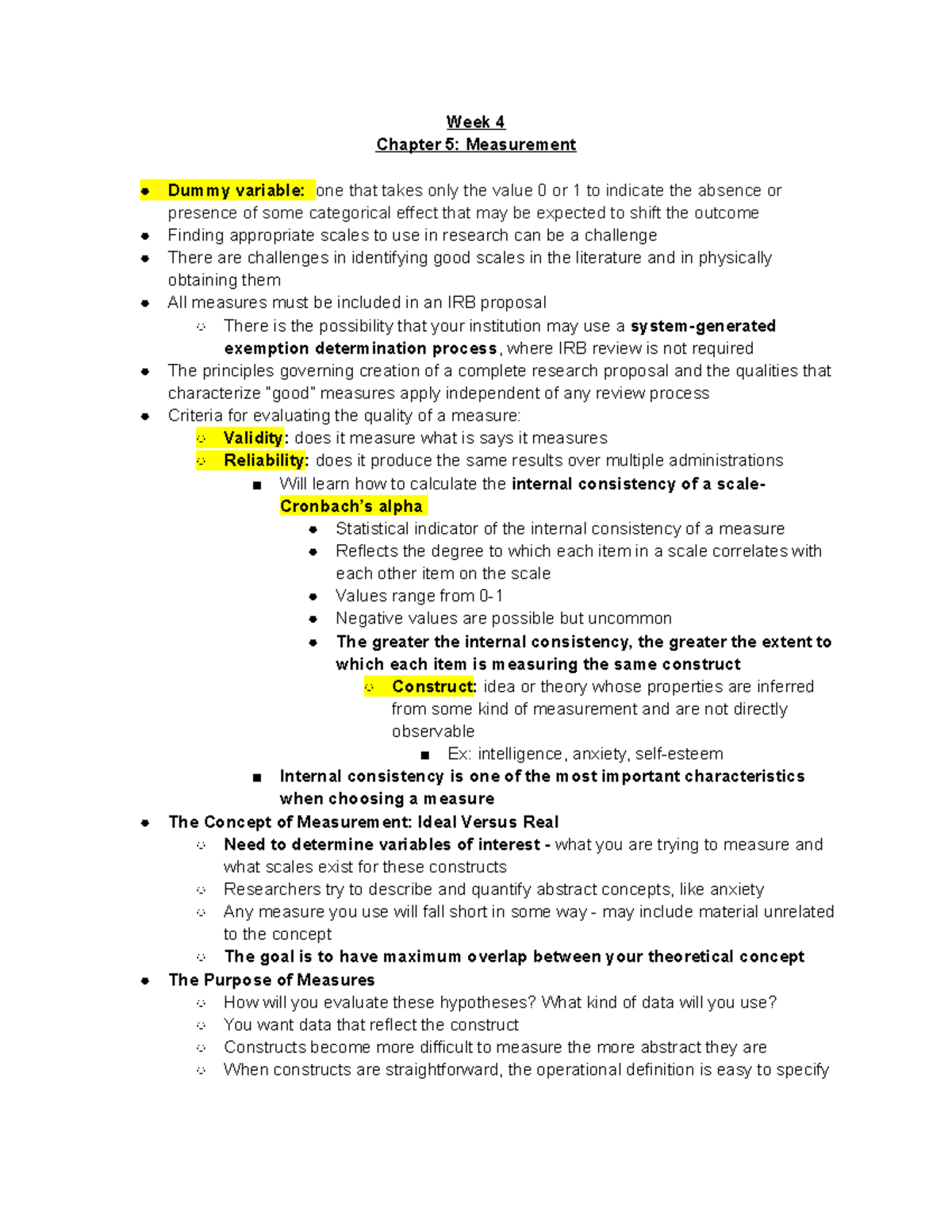 Week 4 Notes - Week 4 Chapter 5: Measurement Dummy variable: one that ...