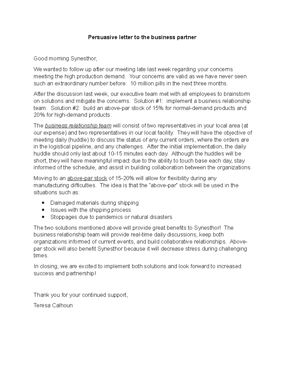 Letter to business partner - Persuasive letter to the business partner ...