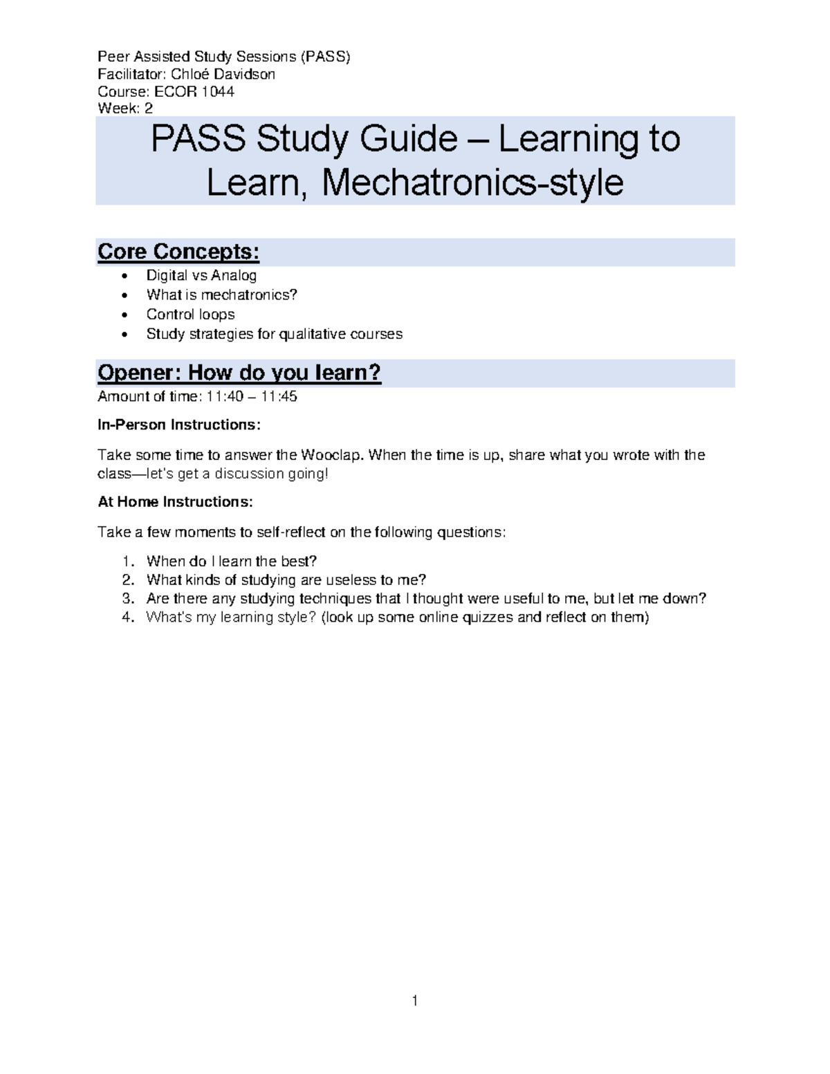 ECOR 1044 PASS - Week 1 - Facilitator: Chloé Davidson Course: ECOR 104 ...