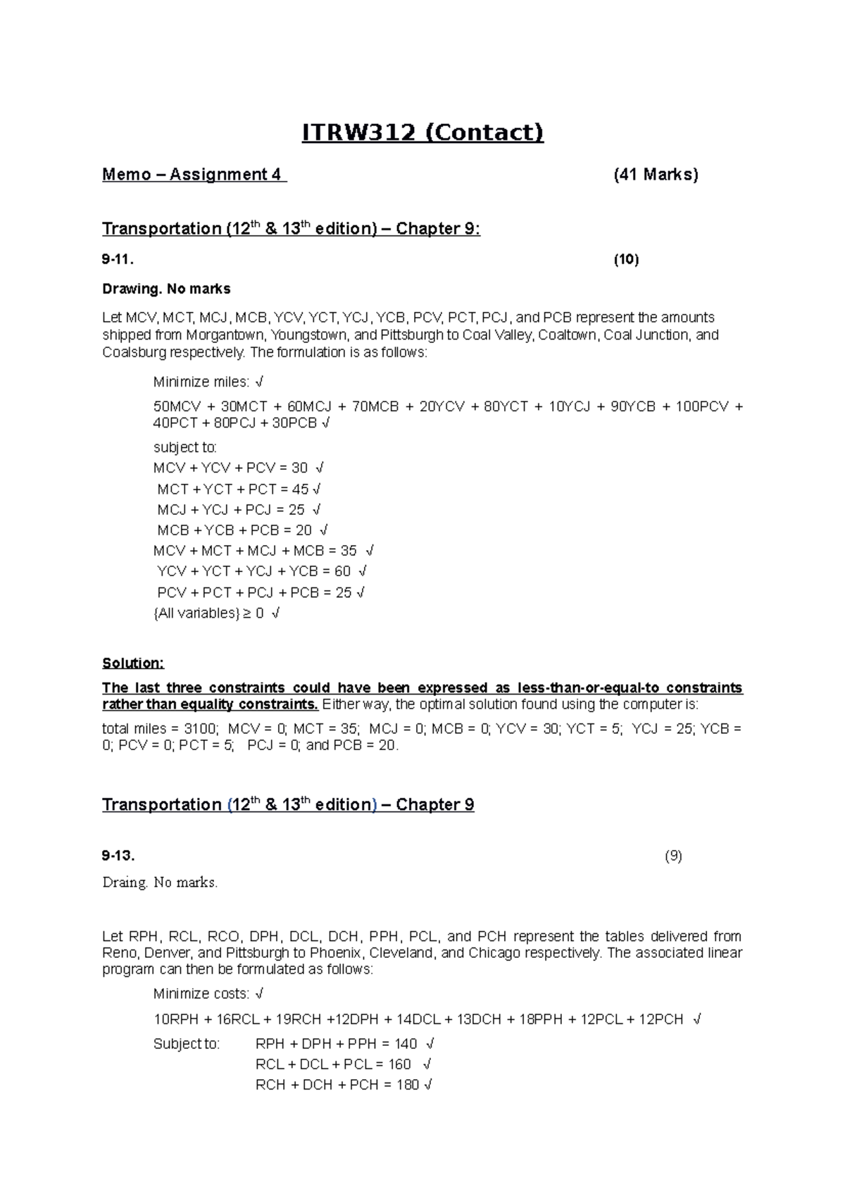 Memo Assignment 4 Contact Itrw312 Contact Memo Assignment 4 41 Marks Transportation