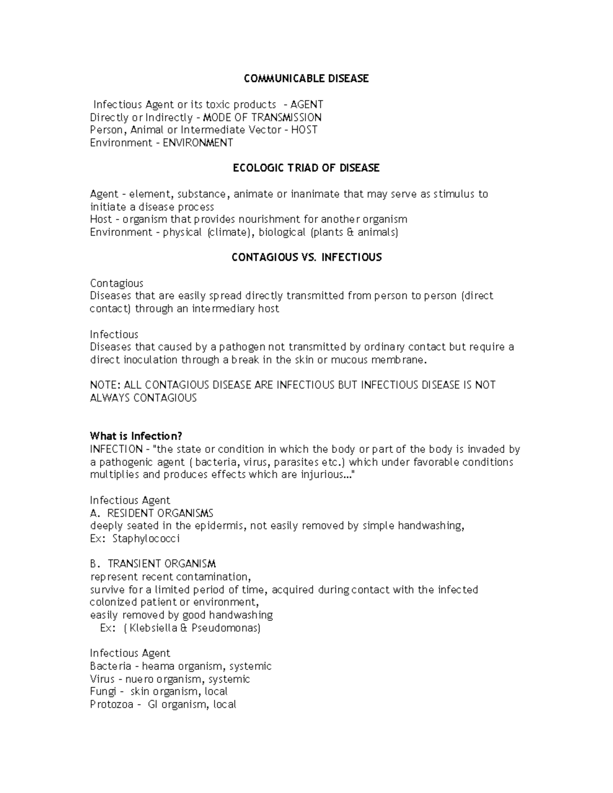 Communicable diseases notes - COMMUNICABLE DISEASE Infectious Agent or ...