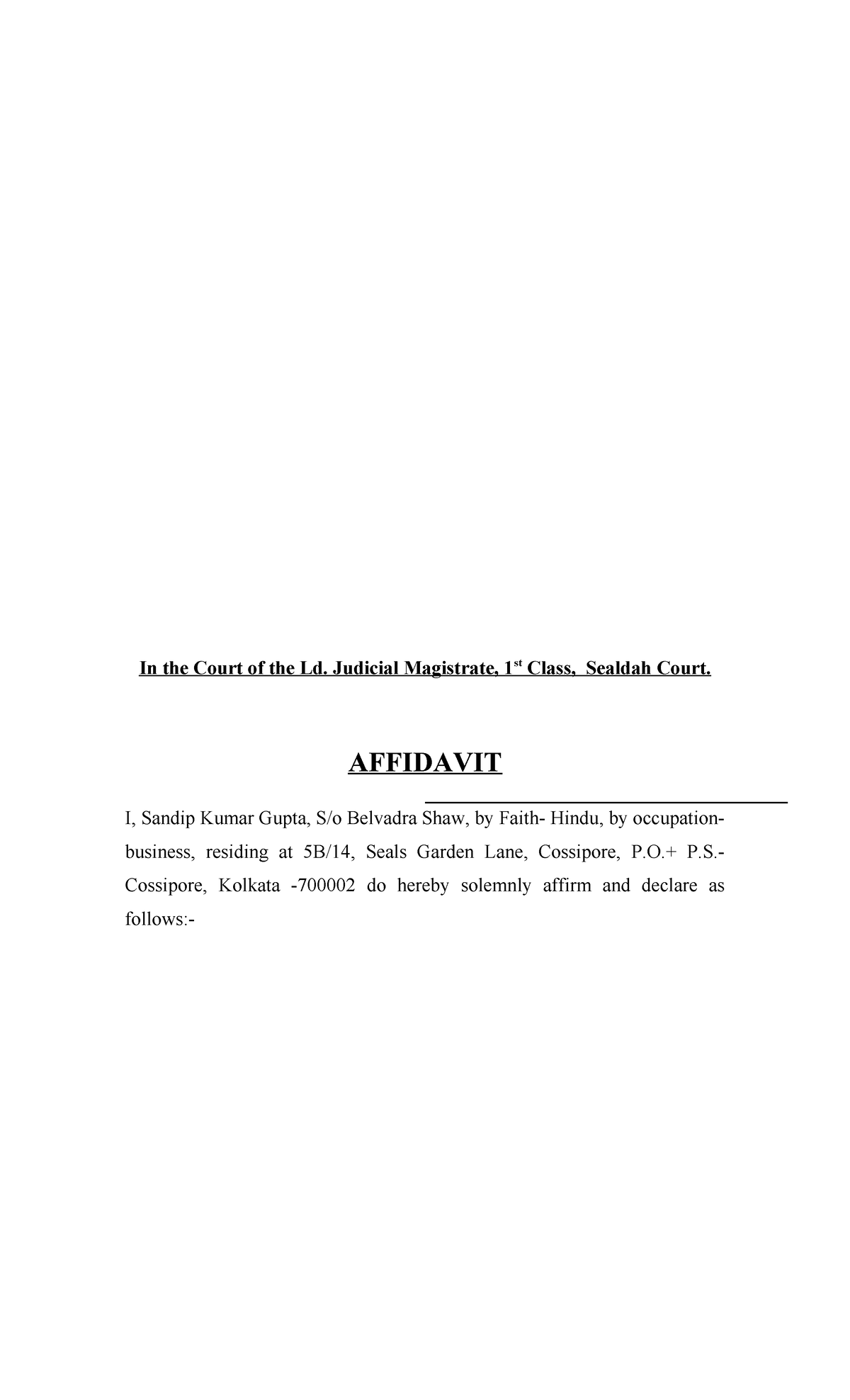 1ST Class Affidavit Sandip Gupta - Family Law - In the Court of the Ld. Judicial Magistrate, 1st ...