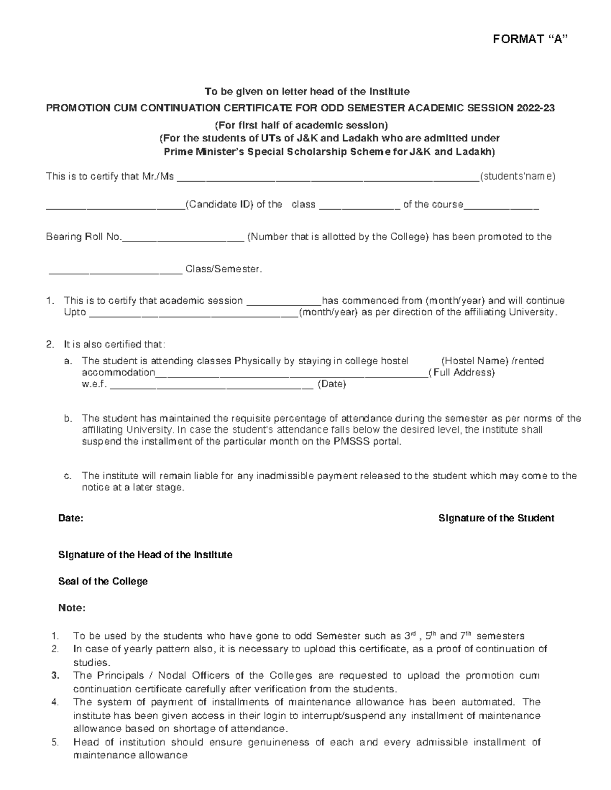 Format A Pro motion cum continuation certificate - FORMAT “A” To be ...
