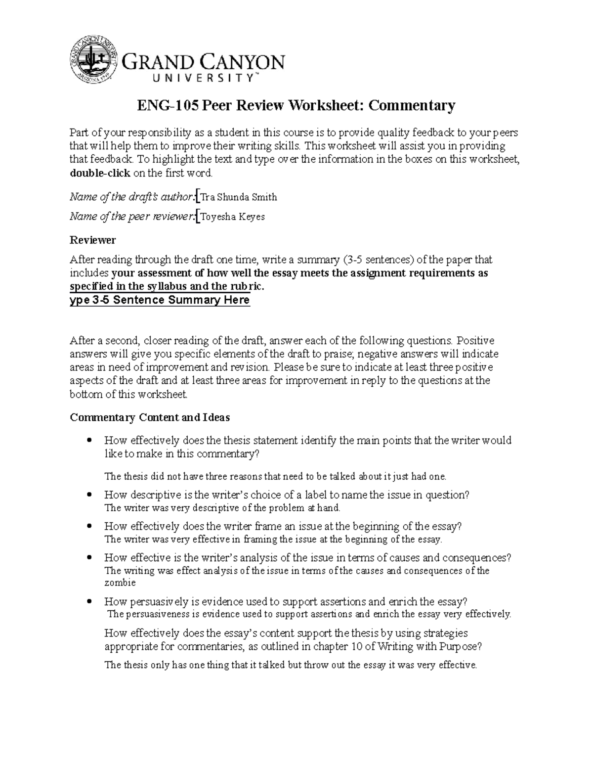 ENG105 Commentary Peer Review Worksheet - ENG-105 Peer Review Worksheet ...