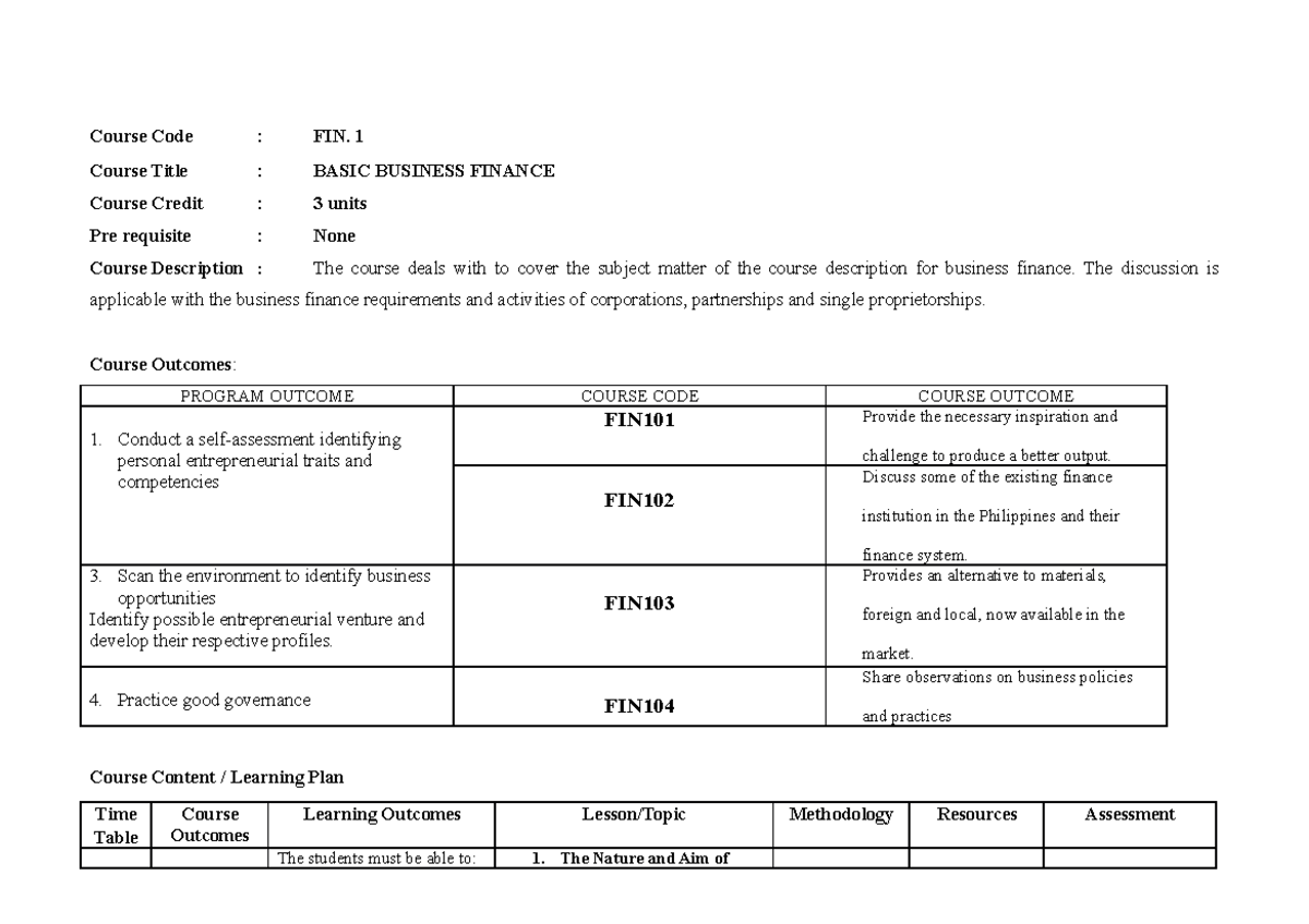 Finance 1 syllabus - Course Code : FIN. 1 Course Title : BASIC BUSINESS ...