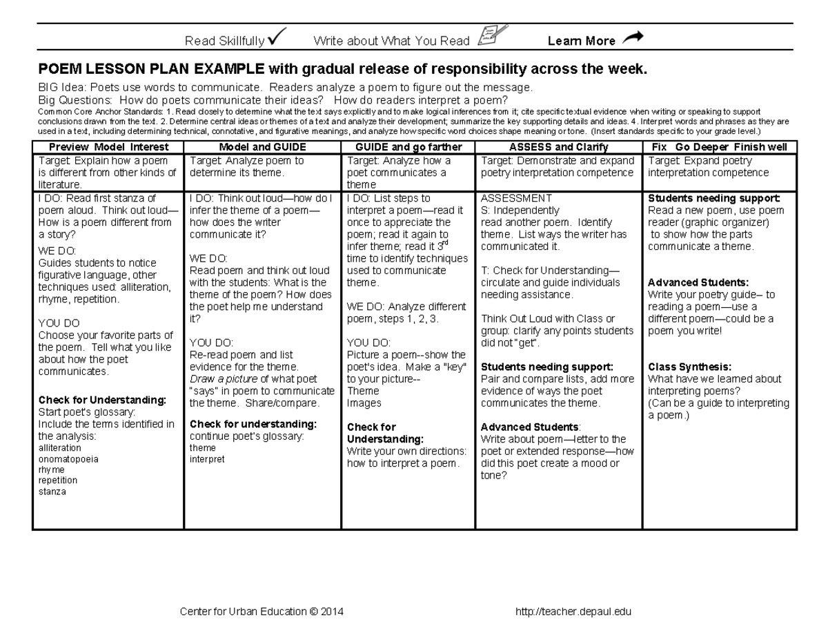 Exampleofa Poetry Learning-Lesson Plan - Read Skillfully Write about ...