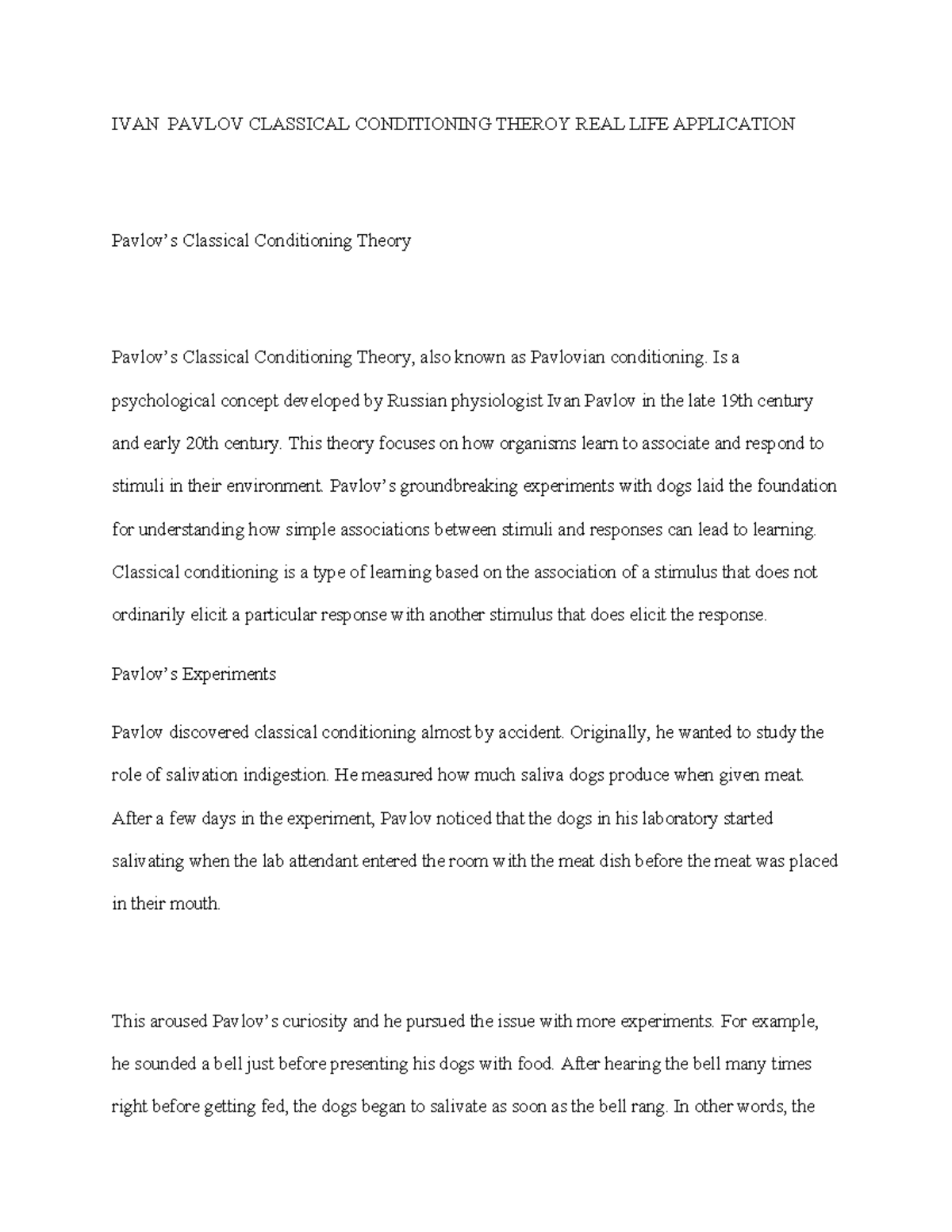 IVAN Pavlav Classical Conditioning Theroy REAL LIFE Application - IVAN ...