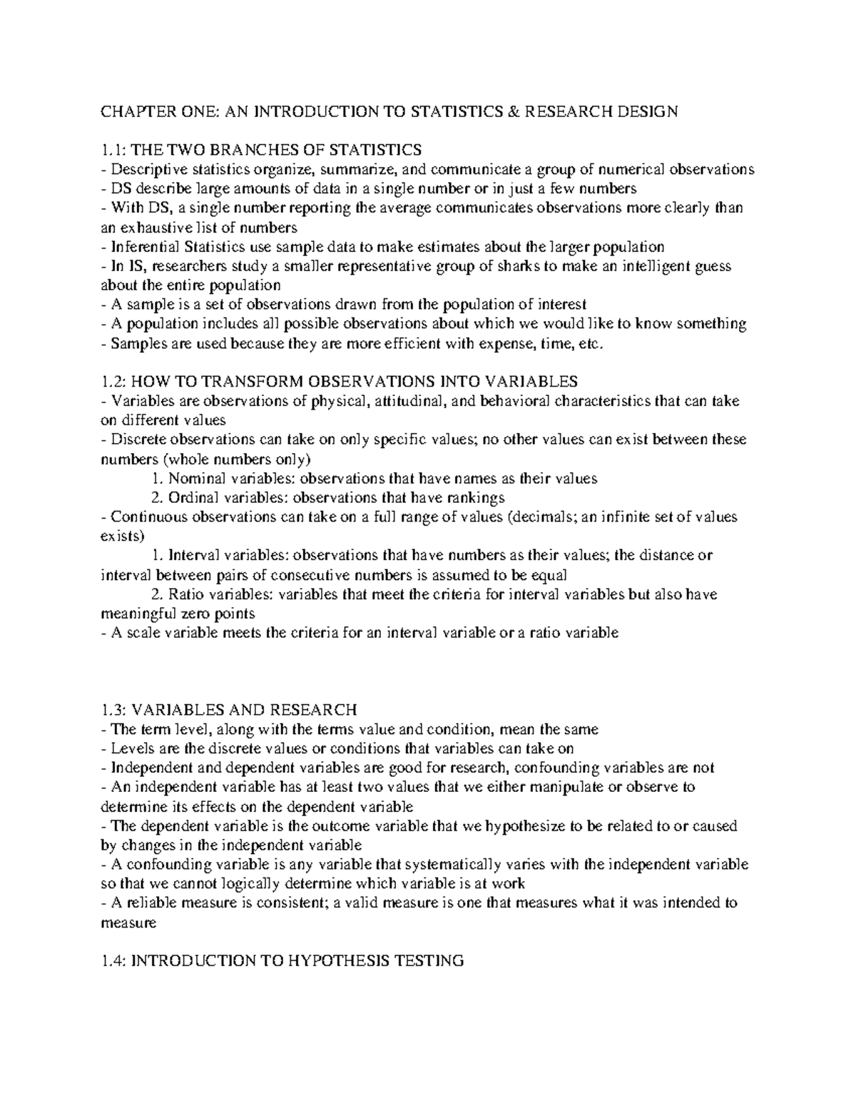 Statsch 1 - Intro to psych stats - CHAPTER ONE: AN INTRODUCTION TO ...