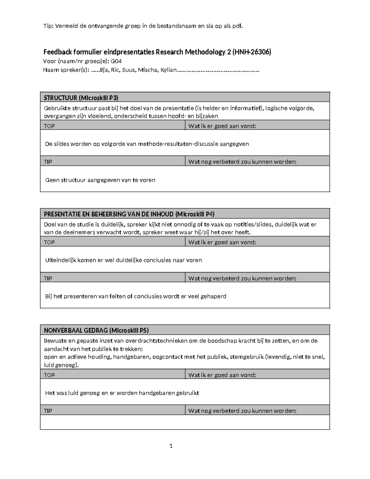 Feedback formulier presentaties HNH26306 studenten v2022 - Tip: Vermeld ...