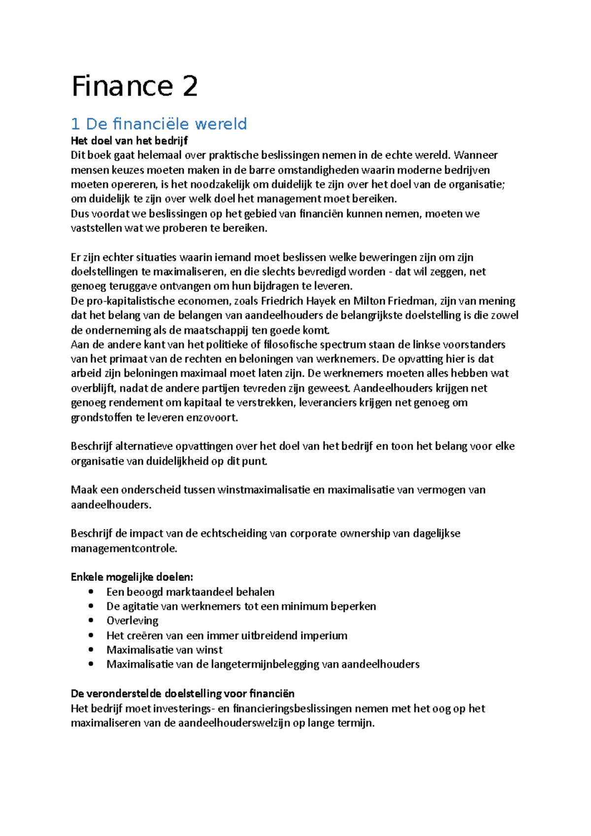 Finance 2 - College-aantekeningen 1-4 - Finance 2 1 De financiële ...