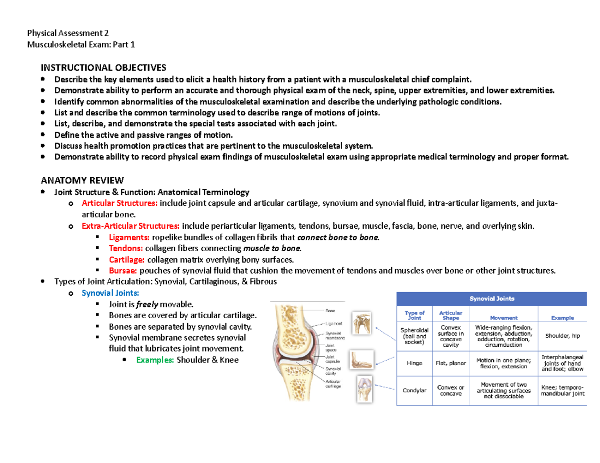 Phys Assess 2 MSK 1 - lecture - Physical Assessment 2 Musculoskeletal ...