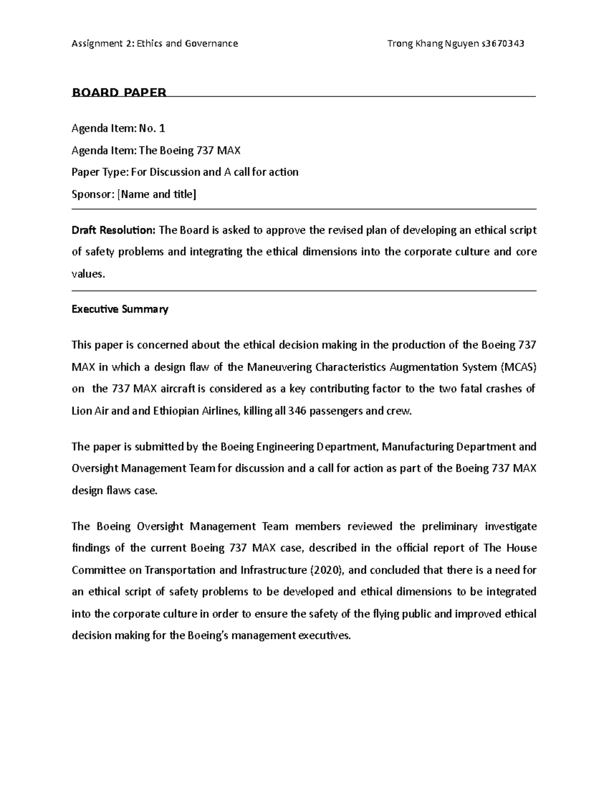 Ethics - assignment 2 - BOARD PAPER Agenda Item: No. 1 Agenda Item: The ...