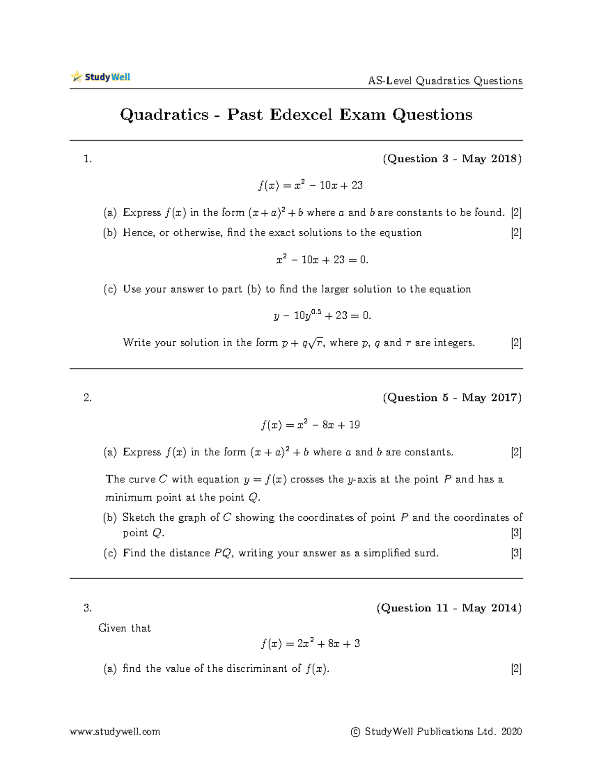 #Quadratics Exam Questions - Quadratics - Past Edexcel Exam Questions ...