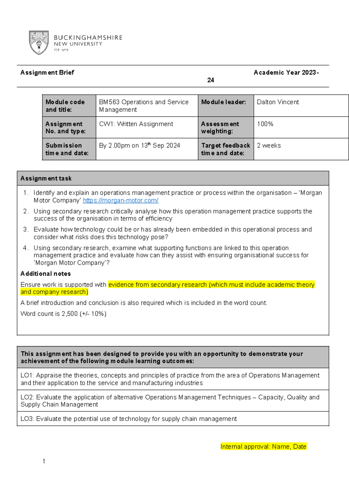 BM563 CW1 Assignment Brief 23-24 September partners - Assignment Brief Academic Year 2023- 24 ...
