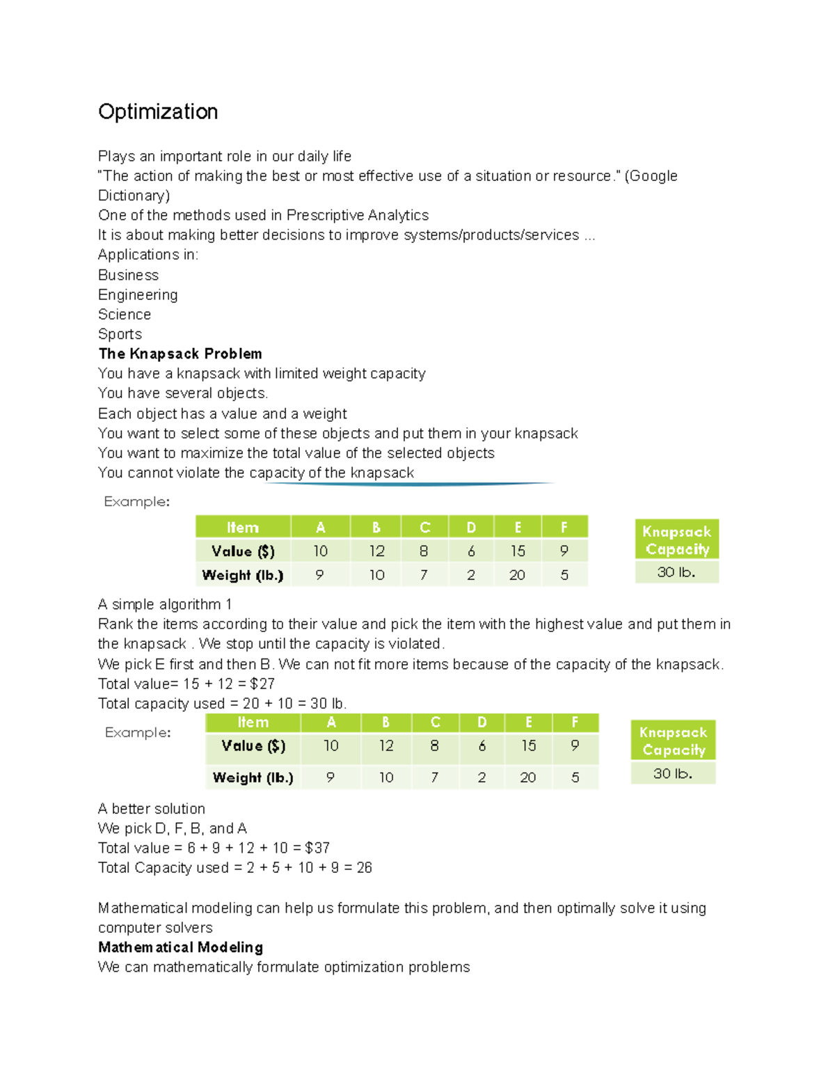 MAN 4504 - Lecture notes for MAN 4504 - Optimization Plays an important ...