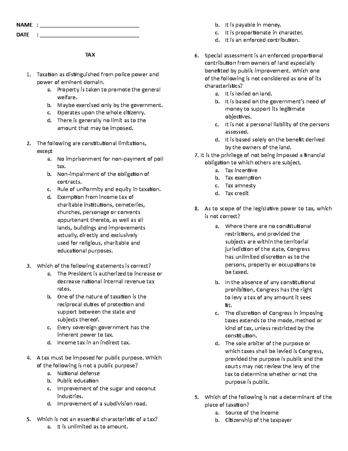 Taxation - NAME : DATE : TAX Taxation as distinguished from police ...