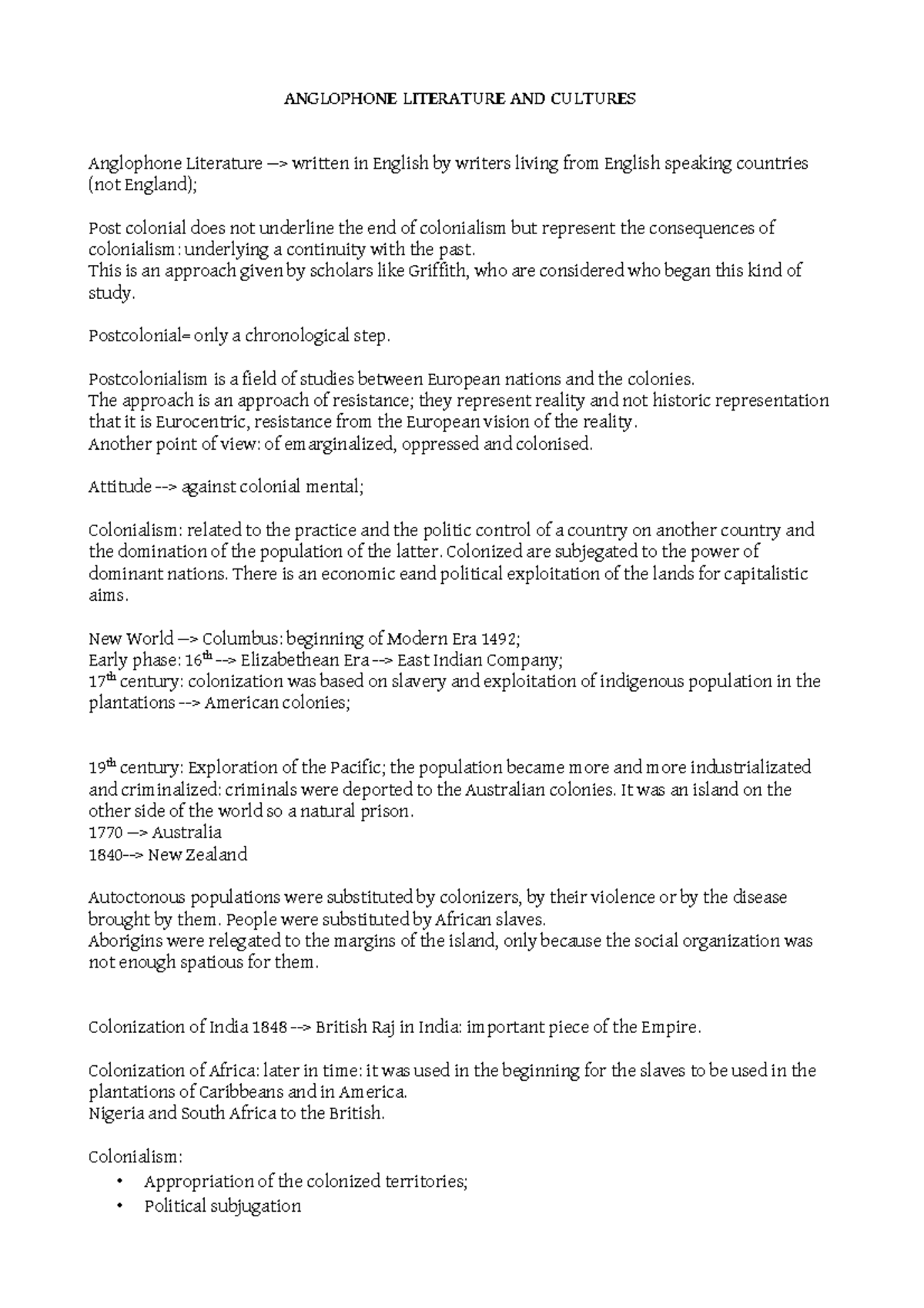 Appunti A.P Anglophone Literature and cultures - ANGLOPHONE LITERATURE ...