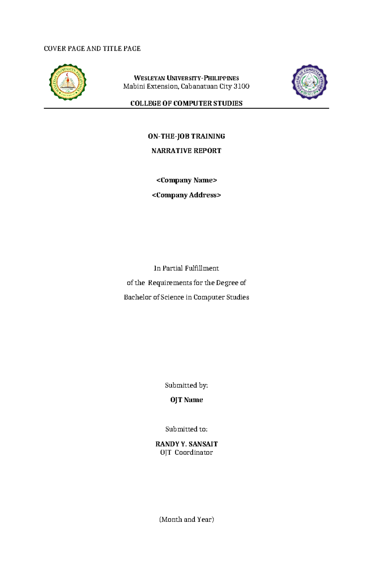 Ojt-narrative-format - COVER PAGE AND TITLE PAGE WESLEYAN UNIVERSITY ...