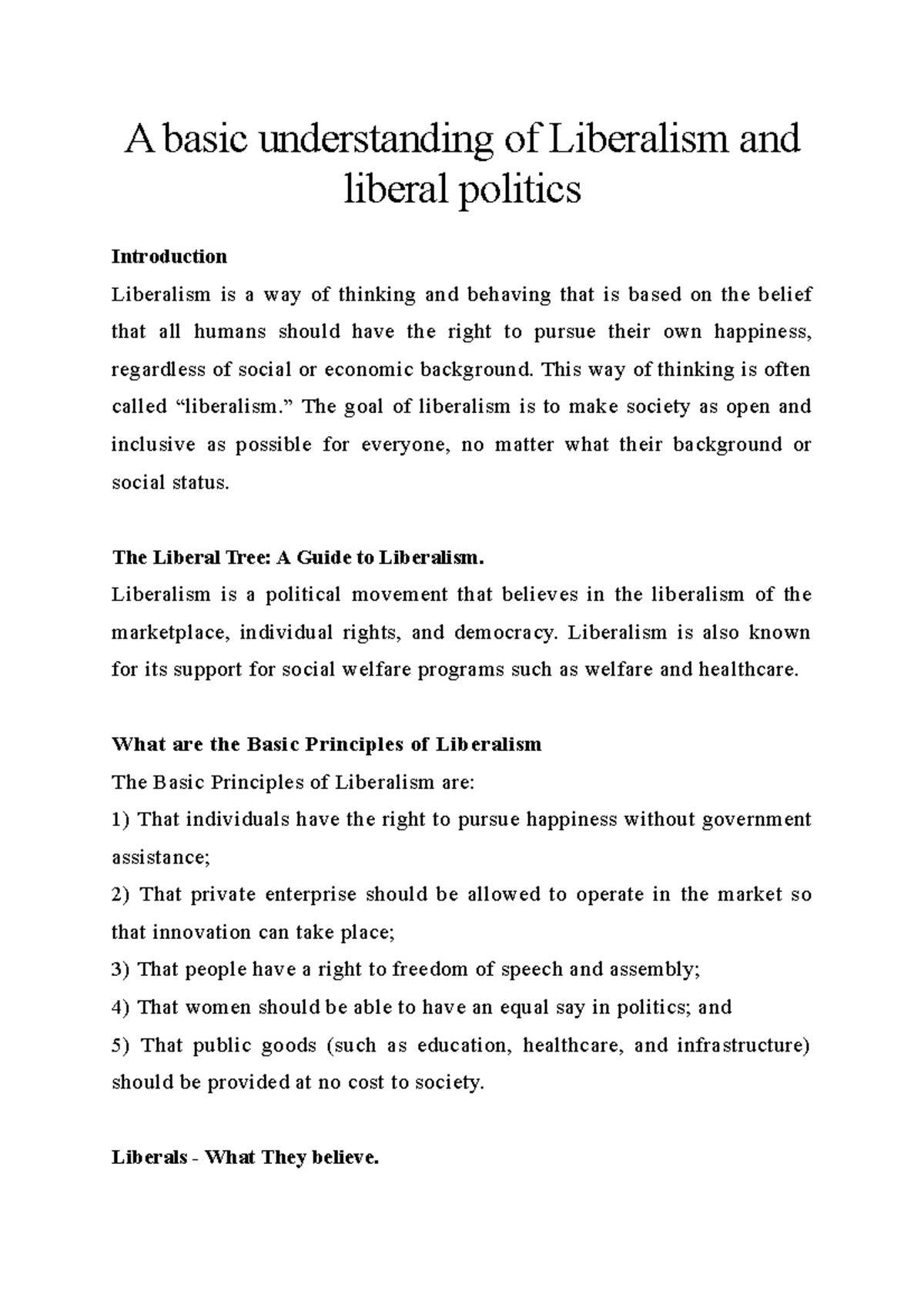 A basic understanding of Liberalism and liberal politics - A basic ...