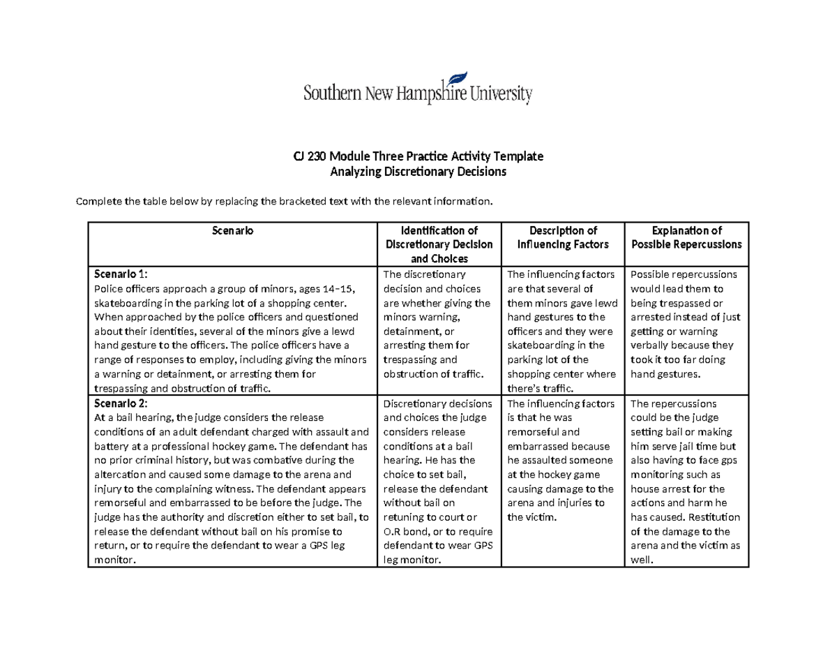 CJ 230 Module Three Practice Activity - Scenario Identification of ...