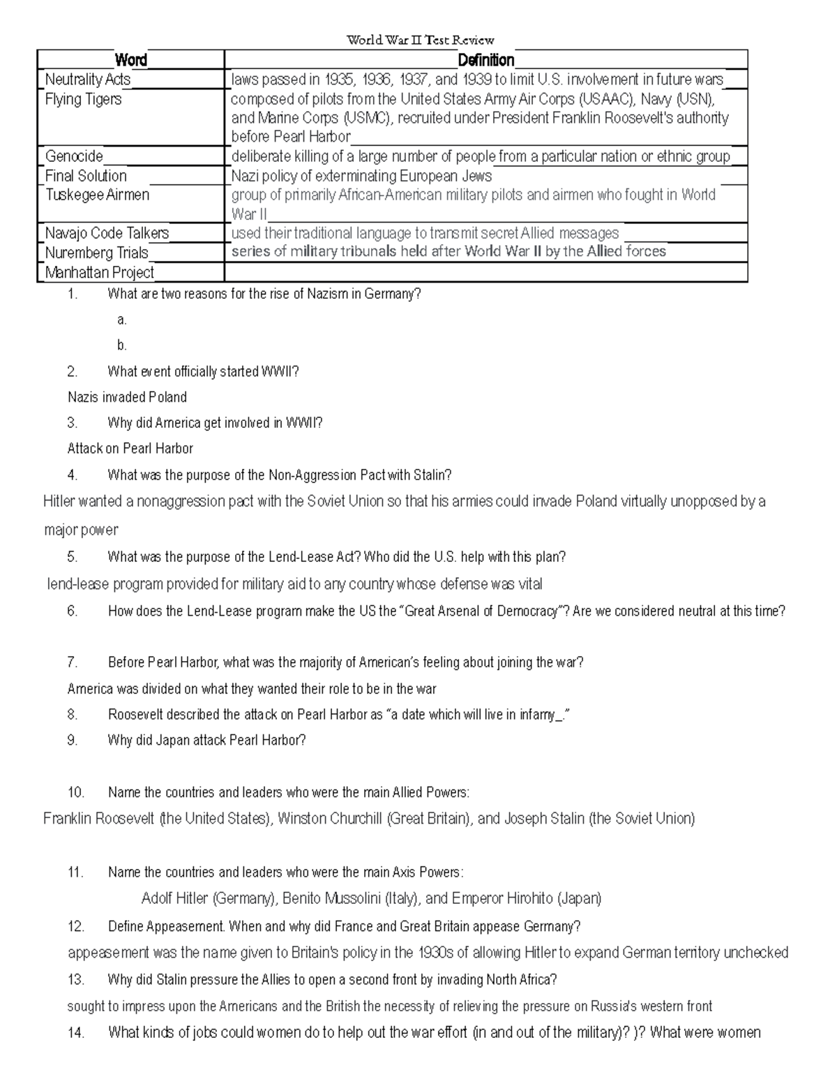 Unit 8 WW2 Test Review - Ez pz - World War II Test Review Word ...